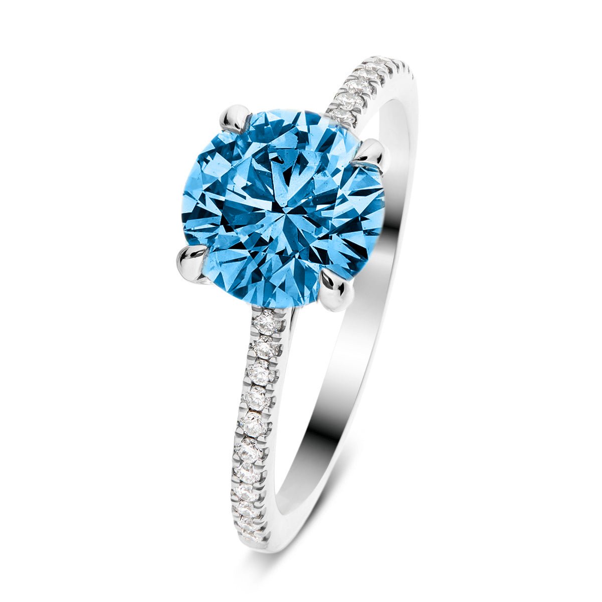 Amelia Blue Lab Diamond Round Side Stone Engagement Ring 3.30ct Platin ...