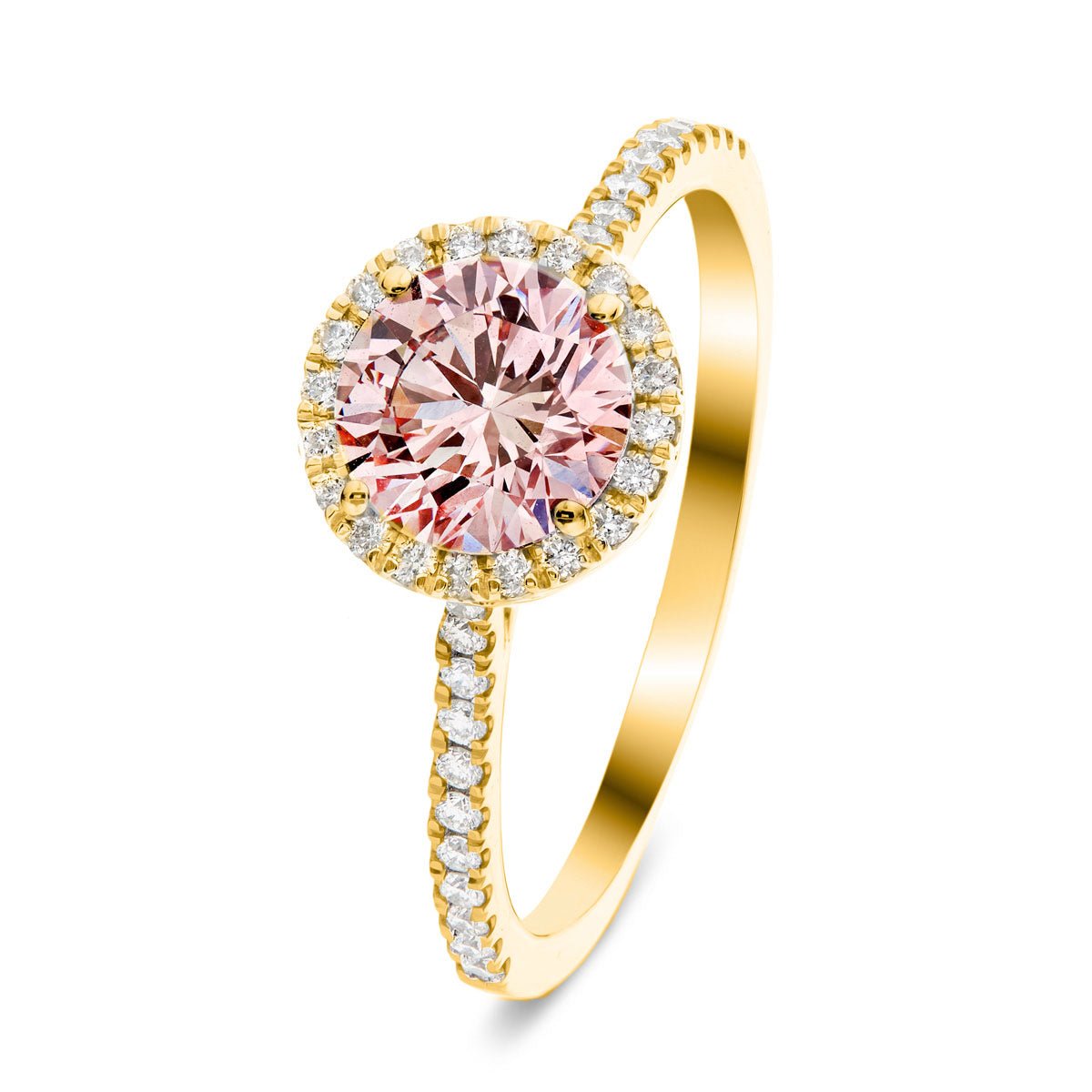 Elsie Pink Lab Round Diamond Halo Engagement Ring 1.00ct in 18k Yellow ...